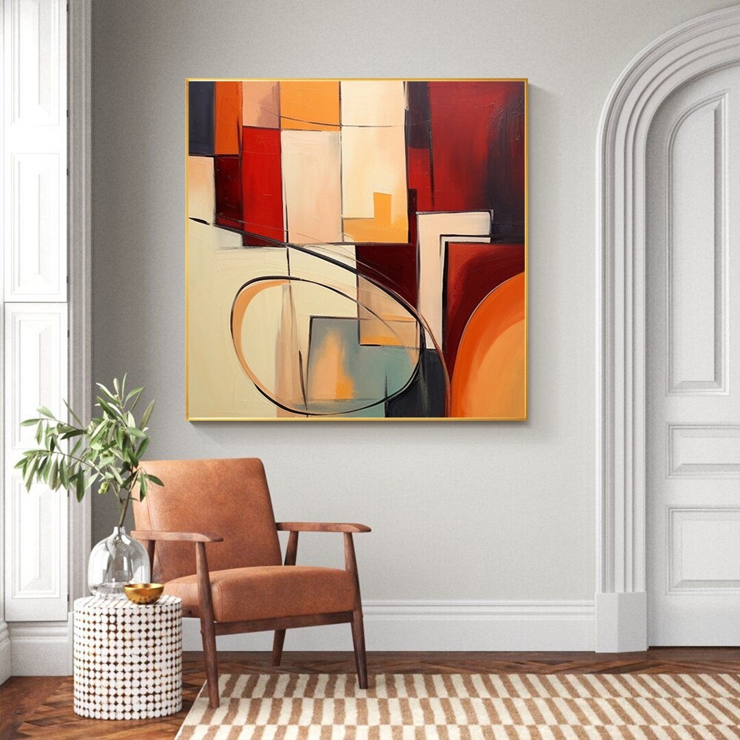 Large Abstract Framed Red Mid Century Modern Wall Art Geometric ...