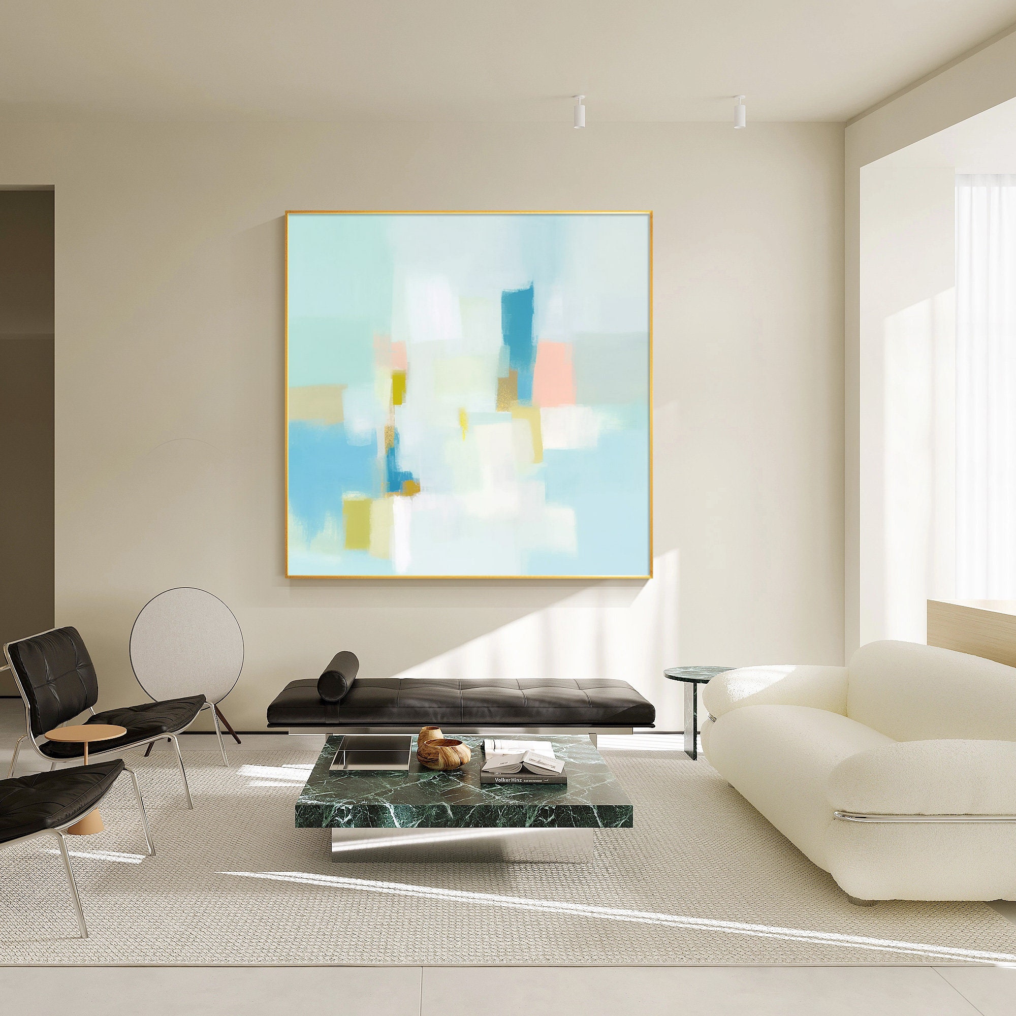 Large Original Blue Wall Art Green Abstract Oil Painting on Canvas ...