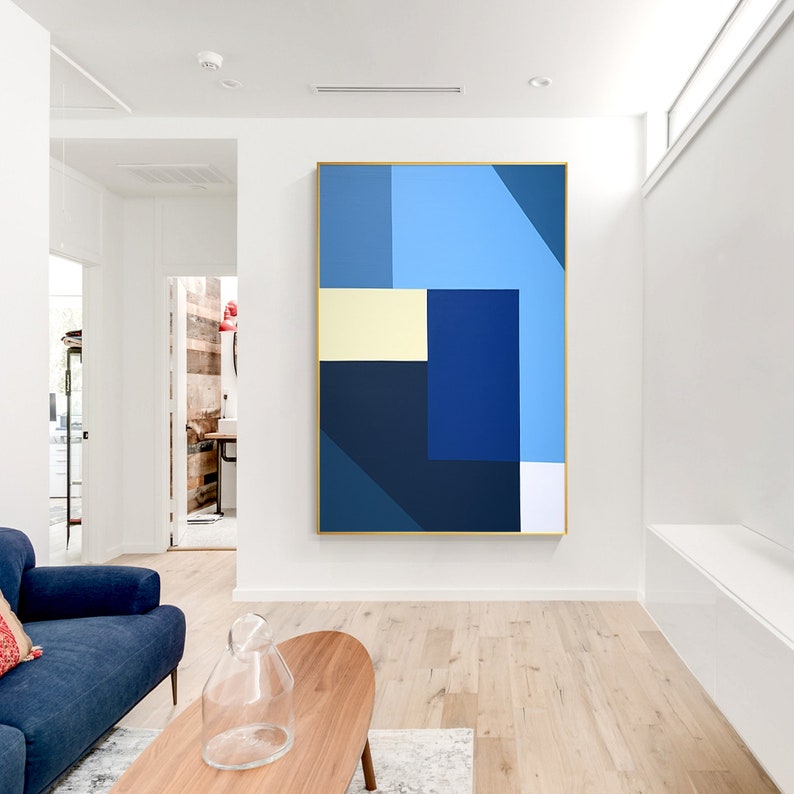 Large Modern Abstract Blue White Minimalist Wall Art Color Block Multi ...
