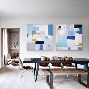 Set of 2 Large Square Abstract Blue Wall Art Colorful Modern Brush ...