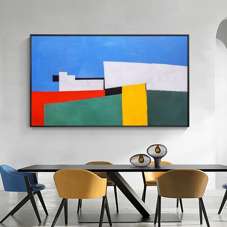 Framed Abstract Geometric Oil Painting: Modern Color Block Wall Decor ...