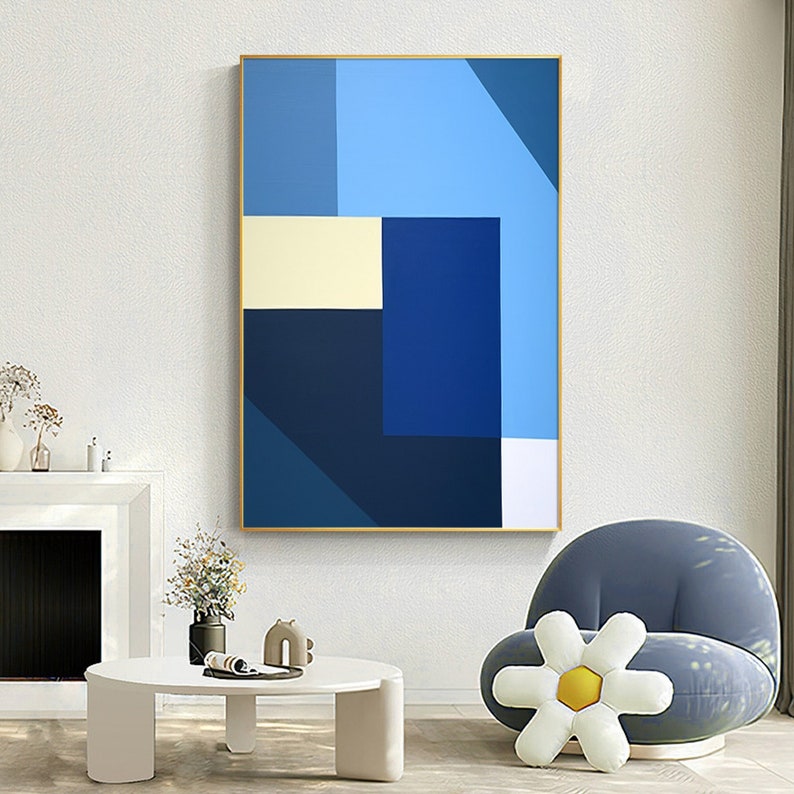 Large Modern Abstract Blue White Minimalist Wall Art Color Block Multi ...
