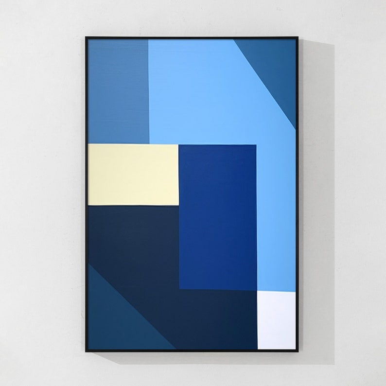 Large Modern Abstract Blue White Minimalist Wall Art Color Block Multi ...