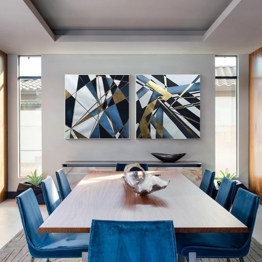 Set of 2 Large Square Abstract Modern Blue White Geometric Square ...