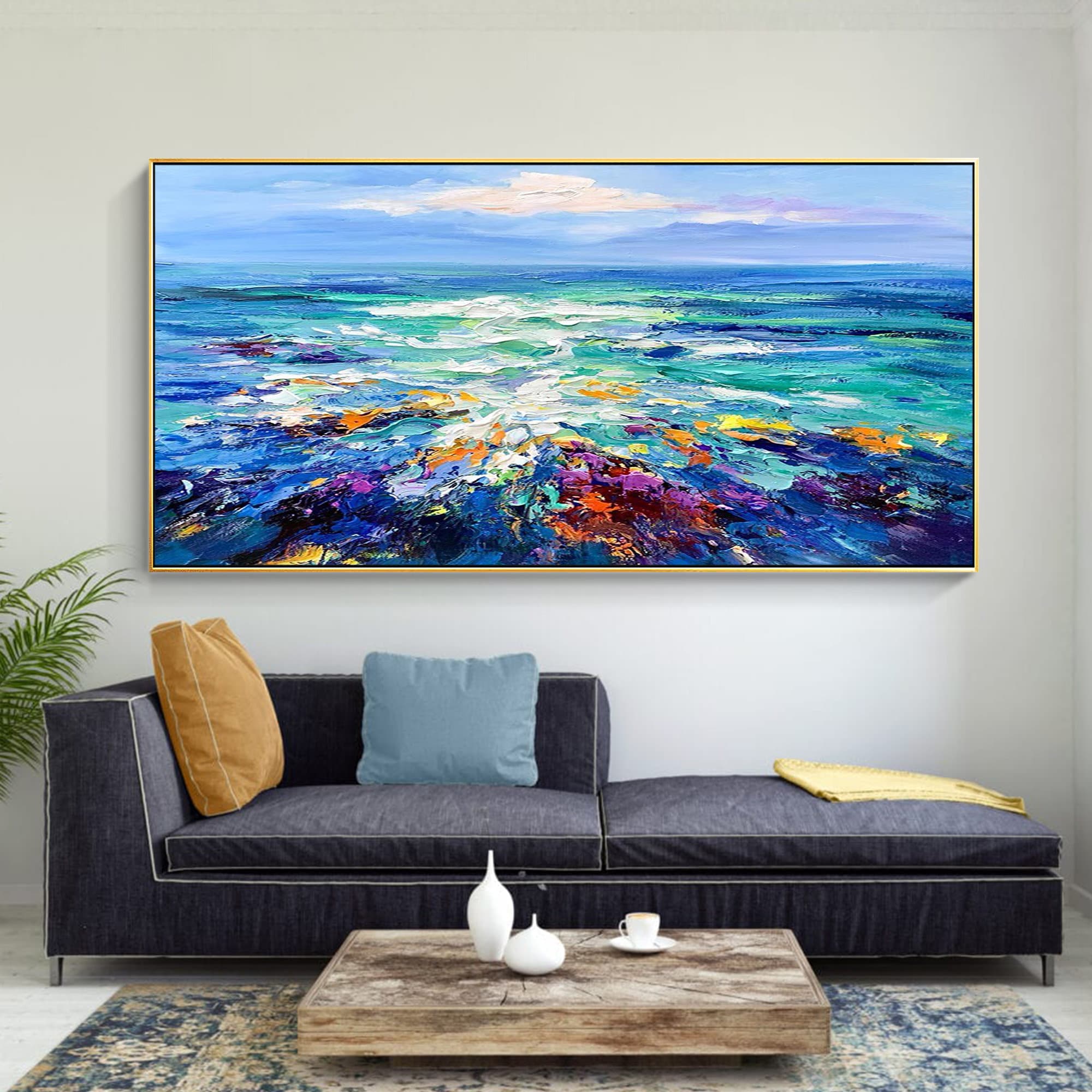 Palette Knife Ocean View Oil Painting: Framed Abstract Seascape Wall ...