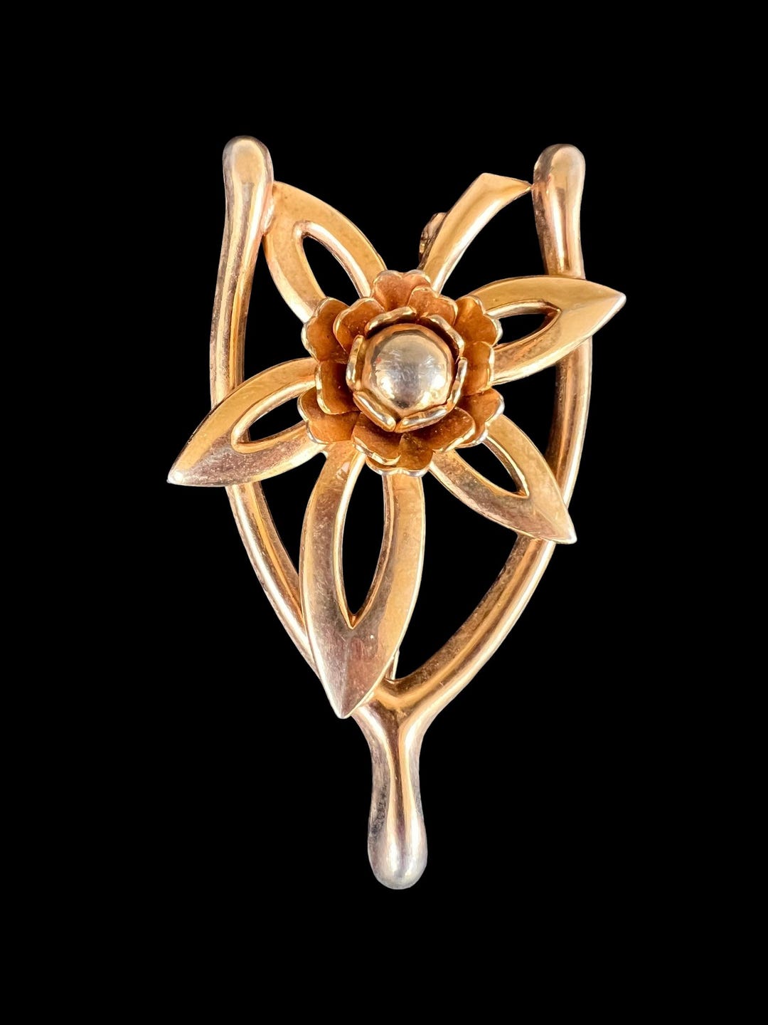 Vintage Wishbone Flower Brooch With Faux Pearl | Midcentury Gold Tone ...