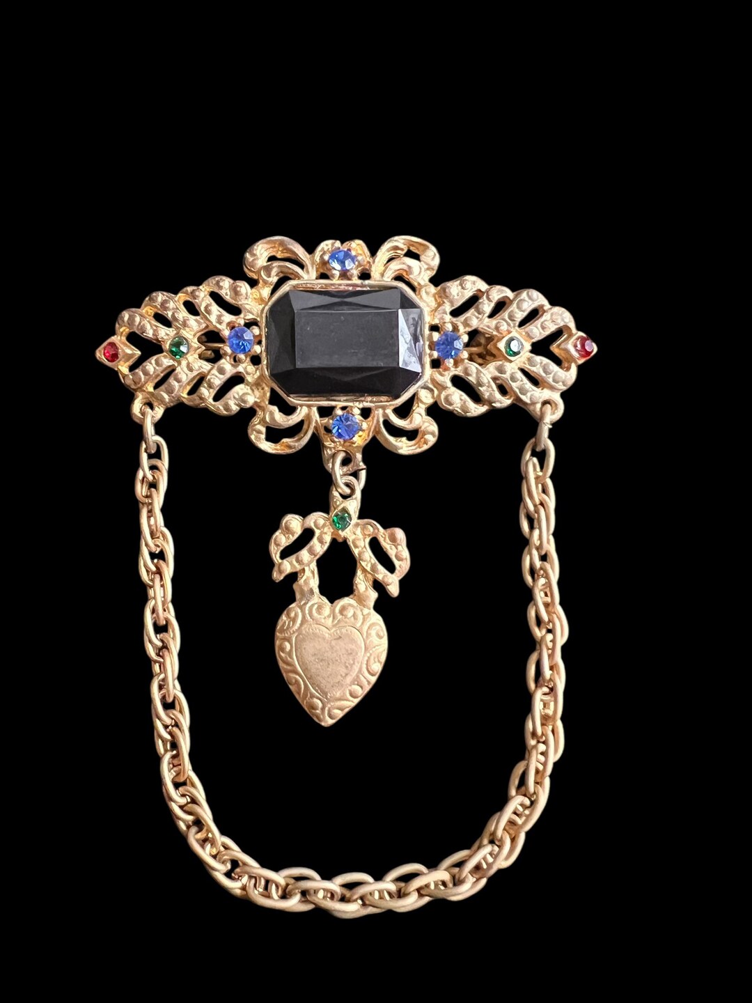 Vintage Victorian Revival Chain Brooch | Heart Charm Draped Chain Pin ...