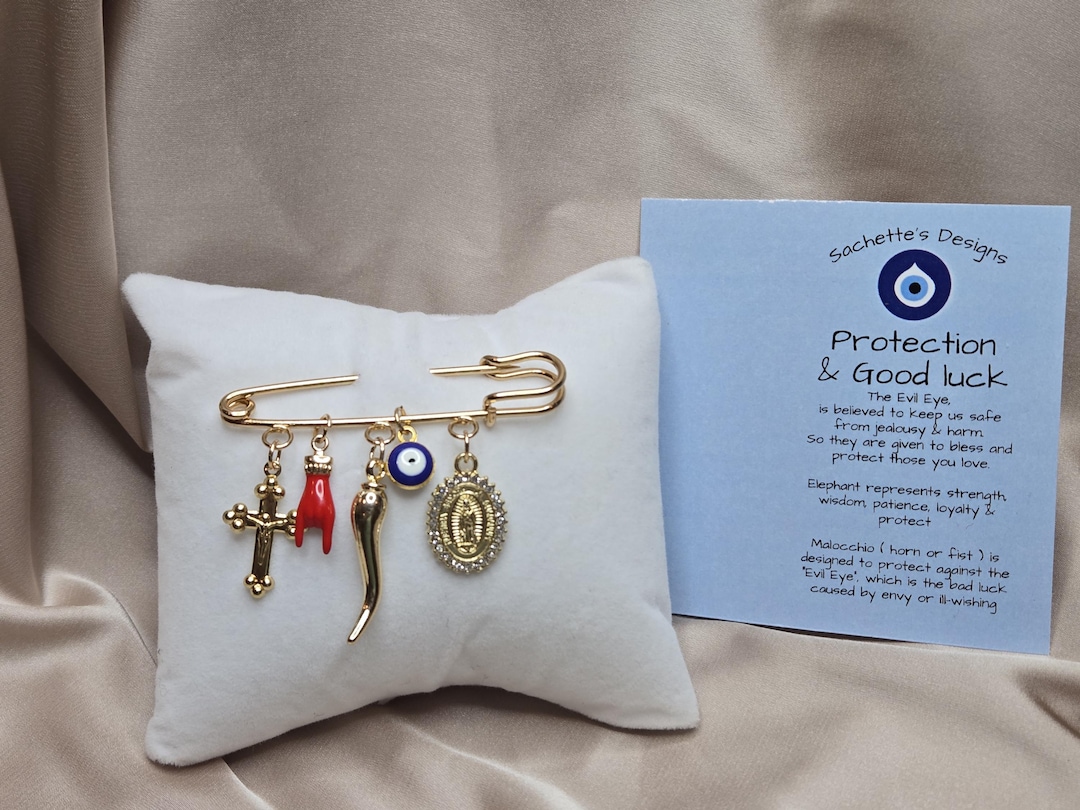 Gold Plated Protection Safety Pin Charm, Evil Eye, Cross, Italian ...
