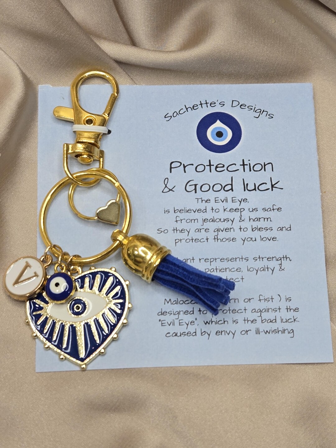 Initialed Evil Eye Key Ring, Gold Heart Purse Charm - Etsy