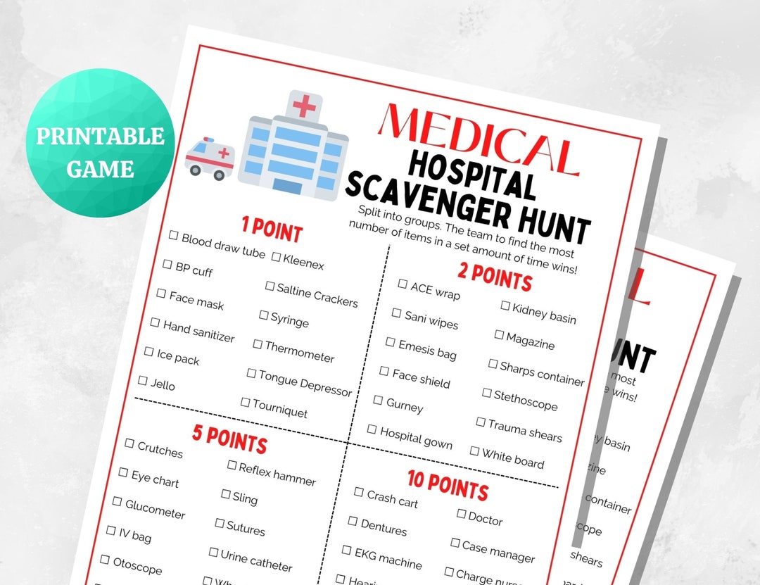 Medical HOSPITAL Scavenger Hunt PRINTABLE Medical Game Doctor Nurse Fun ...