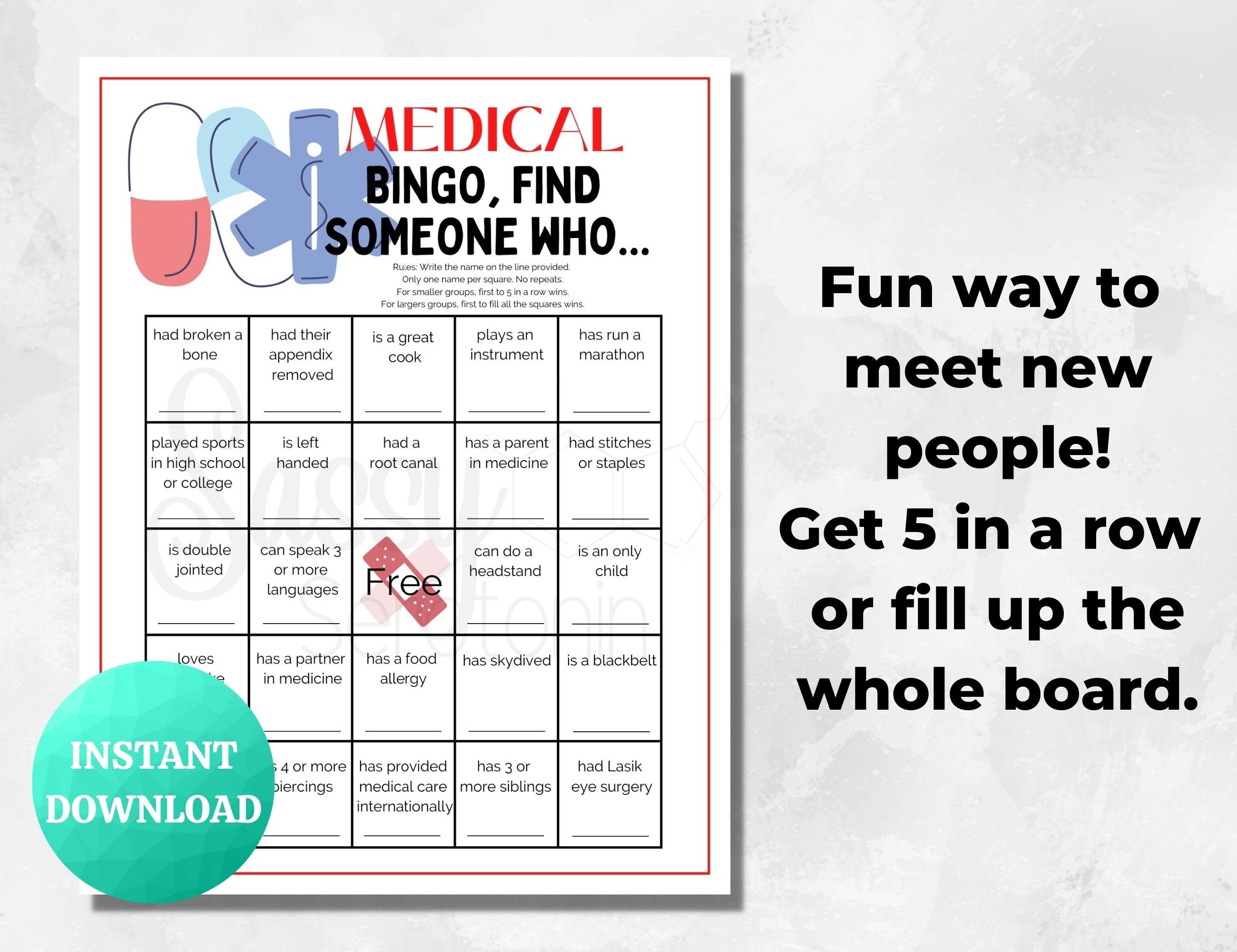 Medical Bingo, Find Someone Who | PRINTABLE Medical Game | Doctor Nurse ...