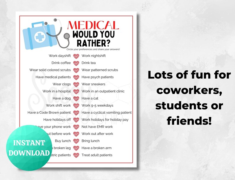 Medical Would You Rather | PRINTABLE Medical Game | Doctor Nurse Fun ...