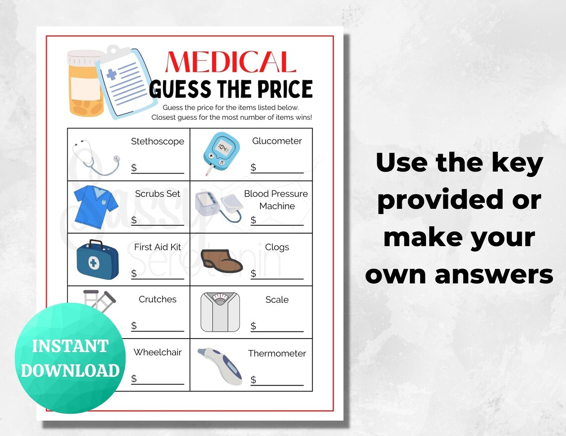 Medical Guess the Price | PRINTABLE Medical Game | Doctor Nurse Fun ...