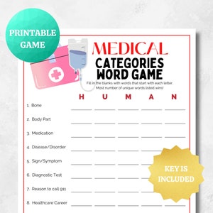 Medical Categories Word Game | PRINTABLE Medical Game | Doctor Nurse ...