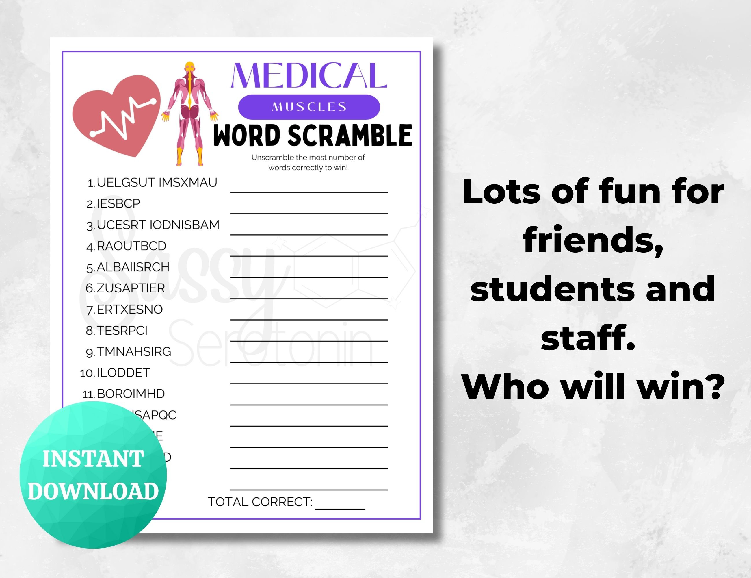 Medical MUSCLES Word Scramble | PRINTABLE Medical Game | Doctor Nurse ...