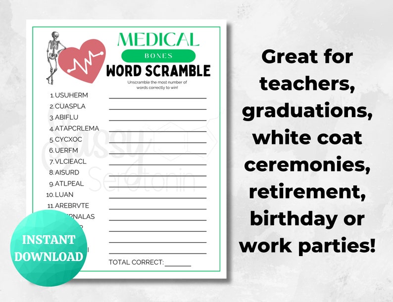 Medical BONES Word Scramble | PRINTABLE Medical Game | Doctor Nurse Fun ...
