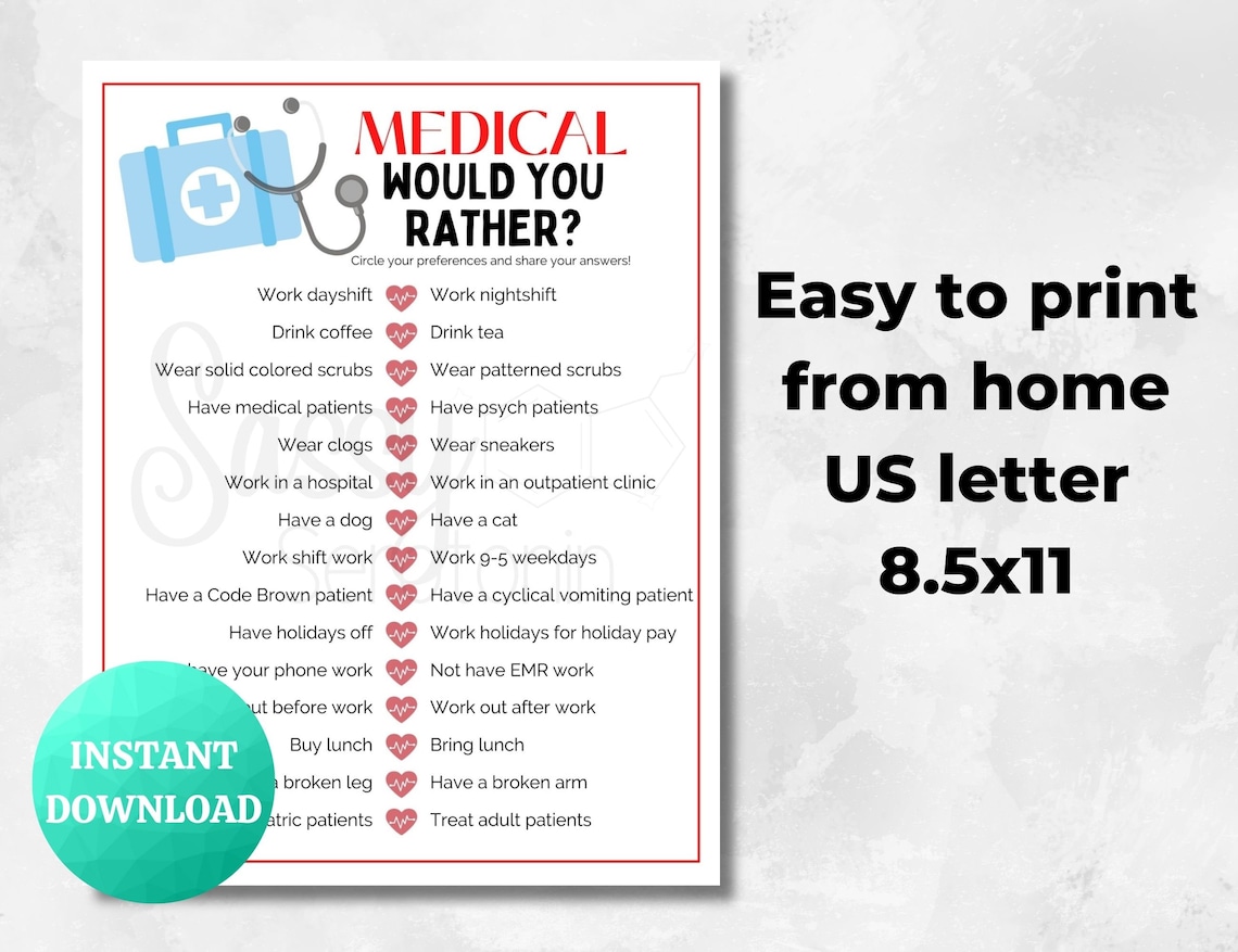 Medical Would You Rather | PRINTABLE Medical Game | Doctor Nurse Fun ...