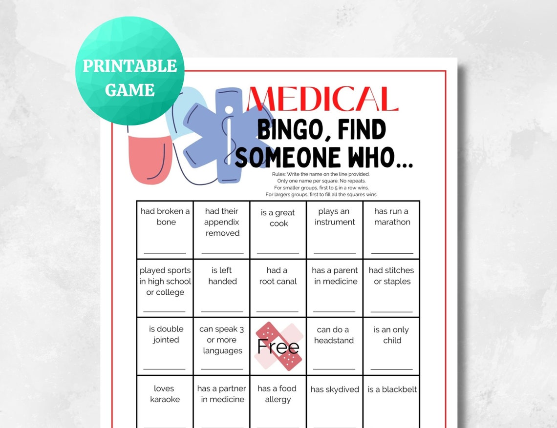 Medical Bingo, Find Someone Who | PRINTABLE Medical Game | Doctor Nurse ...