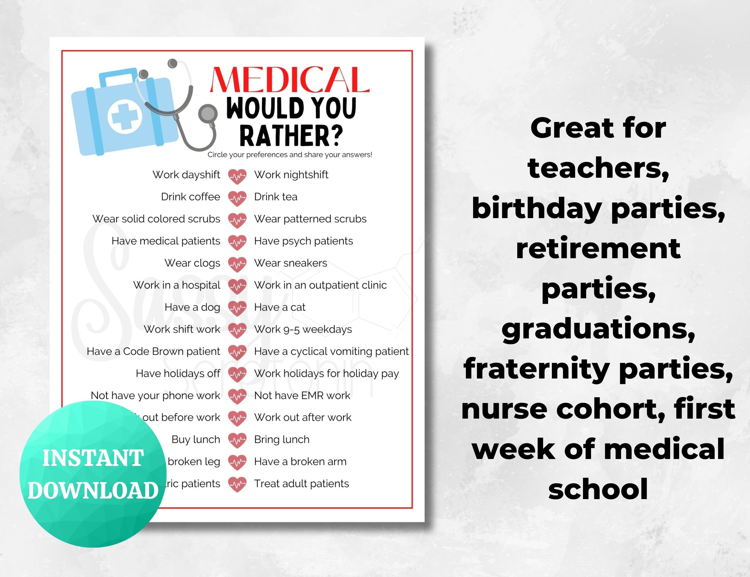Medical Would You Rather | PRINTABLE Medical Game | Doctor Nurse Fun ...