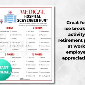 Medical HOSPITAL Scavenger Hunt PRINTABLE Medical Game Doctor Nurse Fun ...