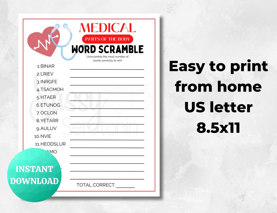 Medical Word Scramble | PRINTABLE Medical Game | Doctor Nurse Fun Game ...