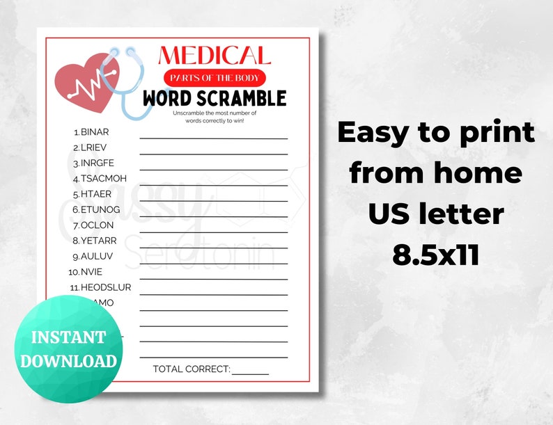 Medical Word Scramble | PRINTABLE Medical Game | Doctor Nurse Fun Game ...