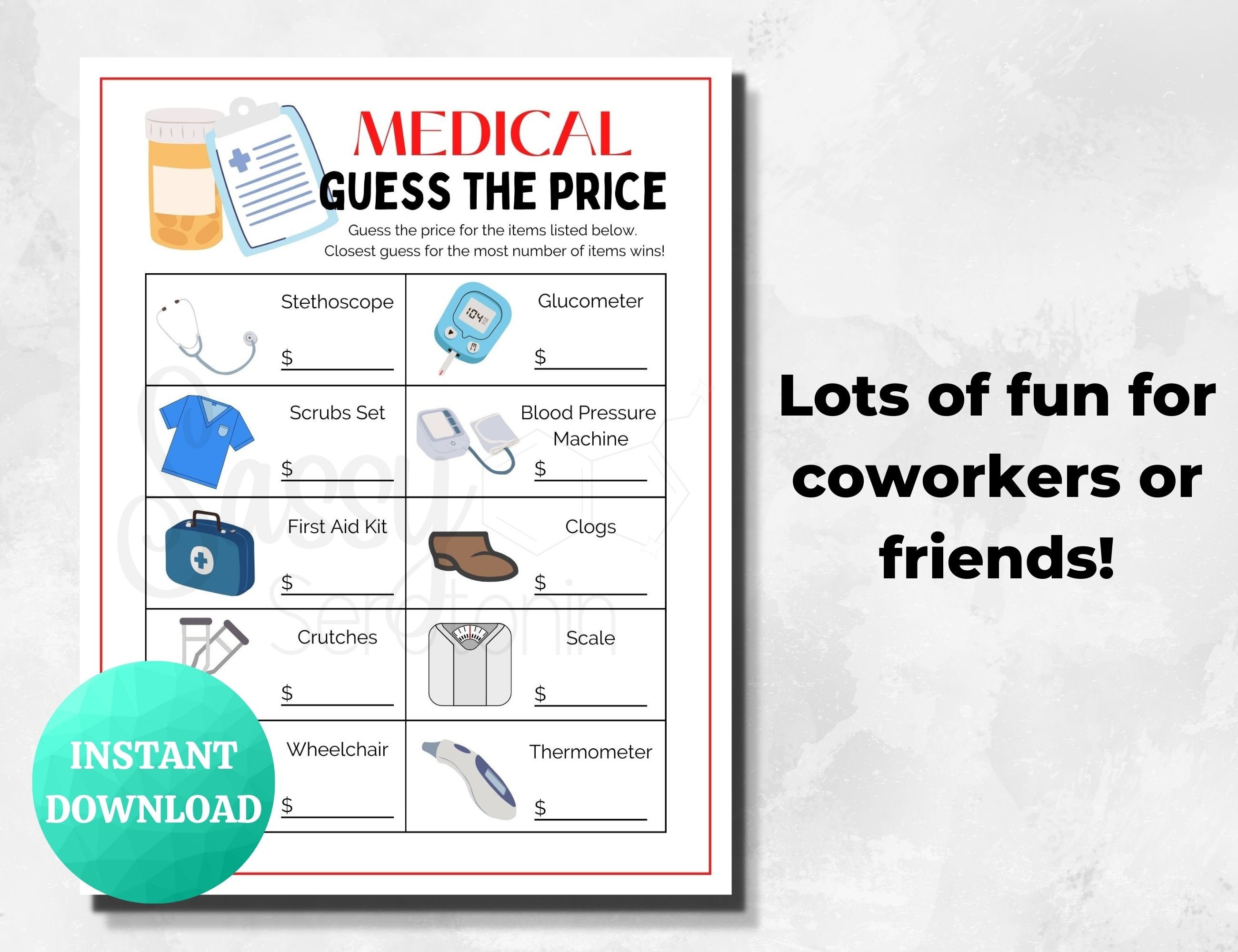 Medical Guess the Price | PRINTABLE Medical Game | Doctor Nurse Fun ...