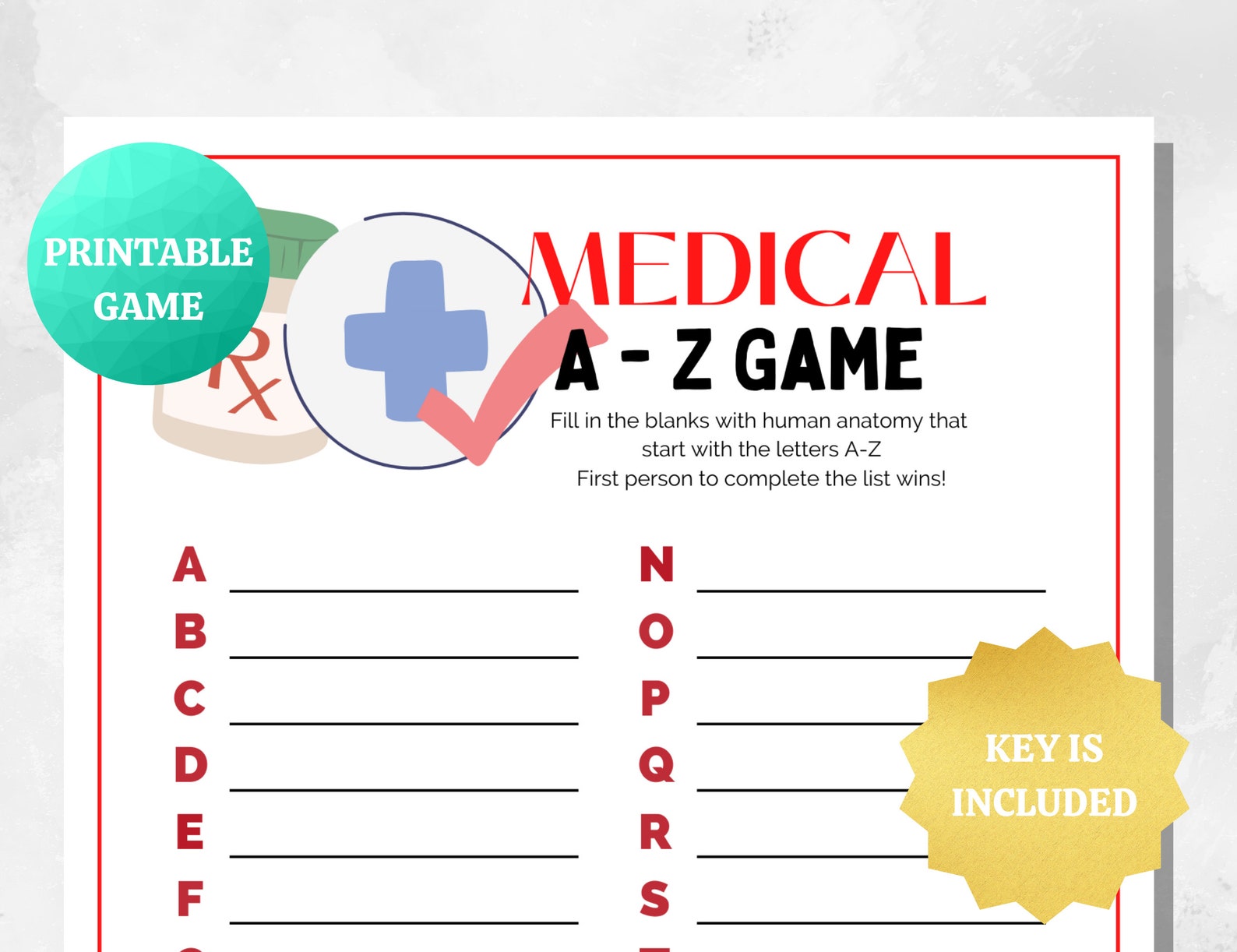Medical A to Z Game PRINTABLE Medical Game Doctor Nurse Fun Game ...