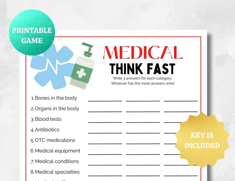 Medical Think Fast PRINTABLE Medical Game Doctor Nurse Fun - Etsy