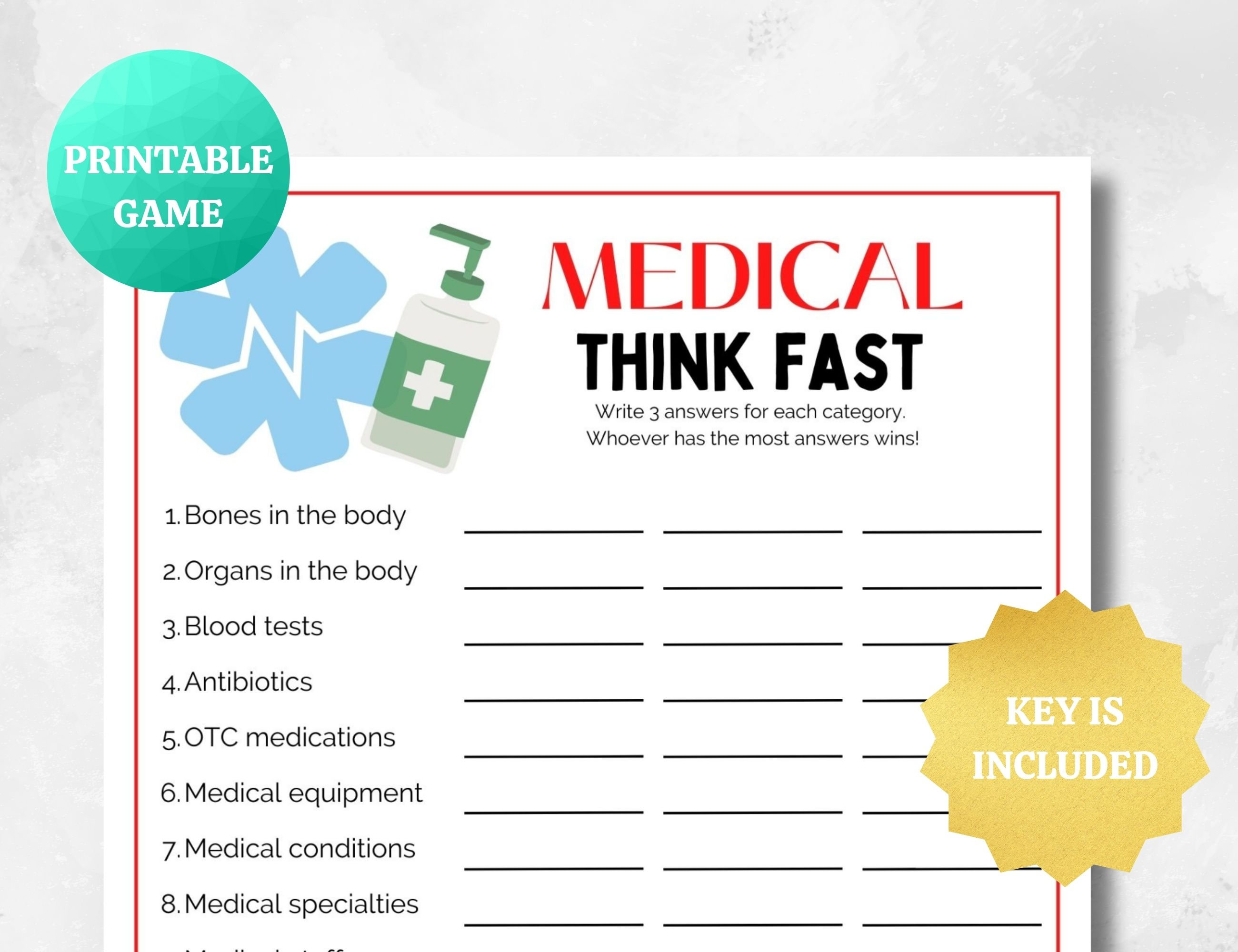 Medical Think Fast PRINTABLE Medical Game Doctor Nurse Fun Game ...