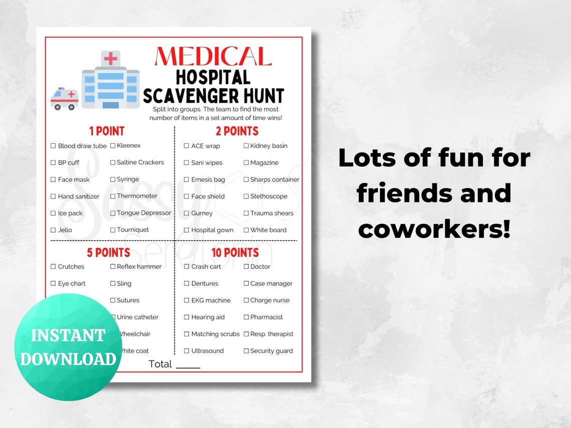 Medical HOSPITAL Scavenger Hunt | PRINTABLE Medical Game | Doctor Nurse ...
