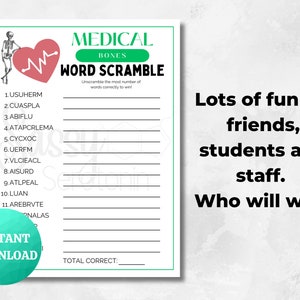 Medical BONES Word Scramble | PRINTABLE Medical Game | Doctor Nurse Fun ...