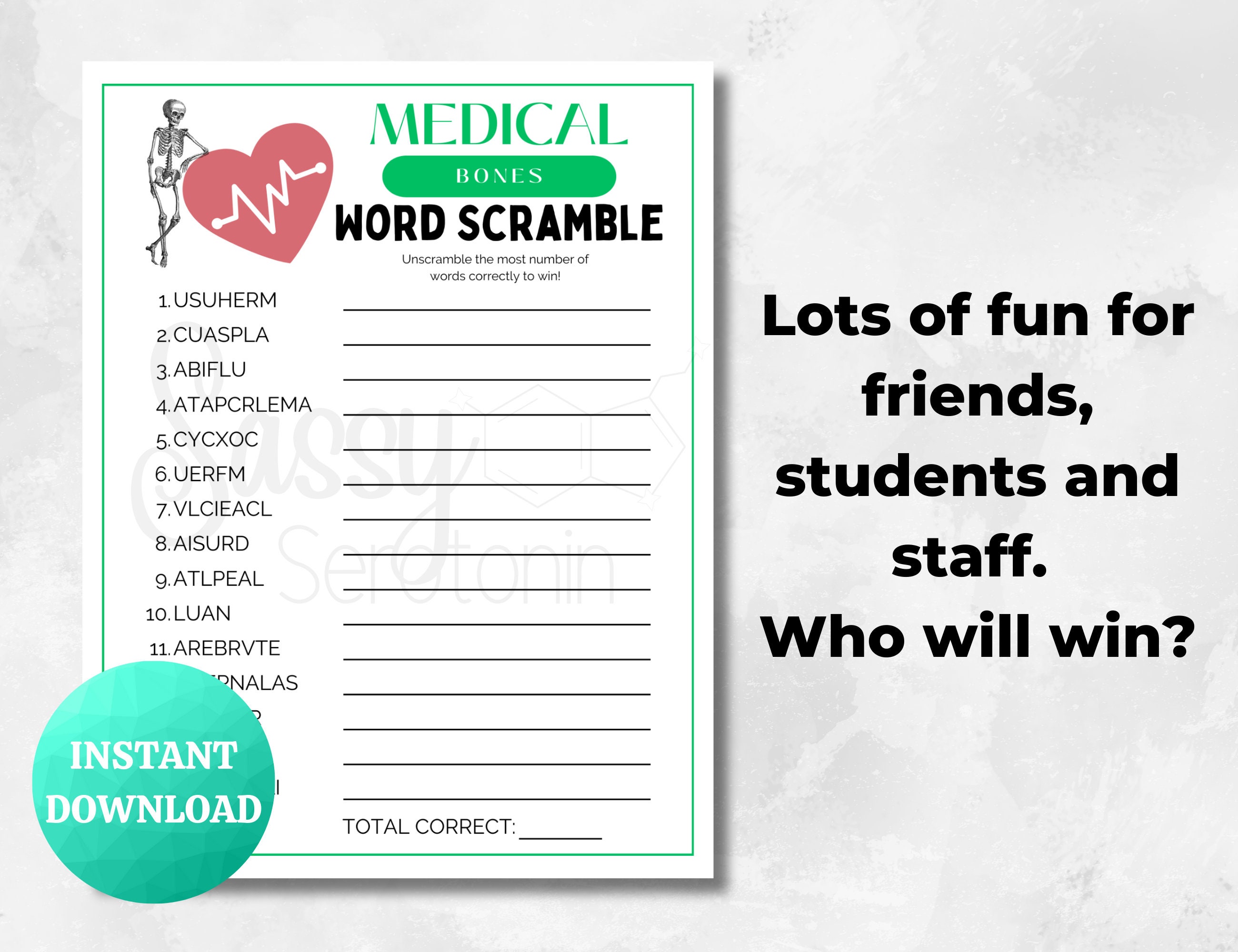 Medical BONES Word Scramble PRINTABLE Medical Game Doctor Nurse Fun ...