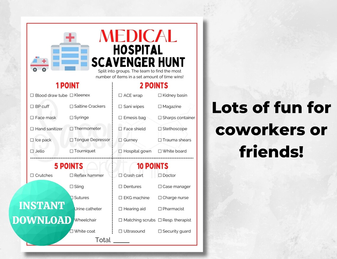 Medical HOSPITAL Scavenger Hunt PRINTABLE Medical Game Etsy