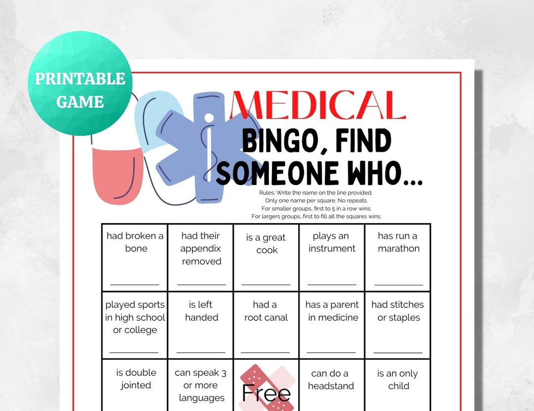 Medical Bingo, Find Someone Who PRINTABLE Medical Game Doctor Nurse Fun ...