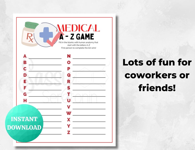 Medical A to Z Game PRINTABLE Medical Game Doctor Nurse Fun Game ...