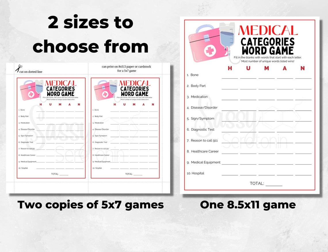 Medical Categories Word Game PRINTABLE Medical Game Doctor Nurse Fun ...