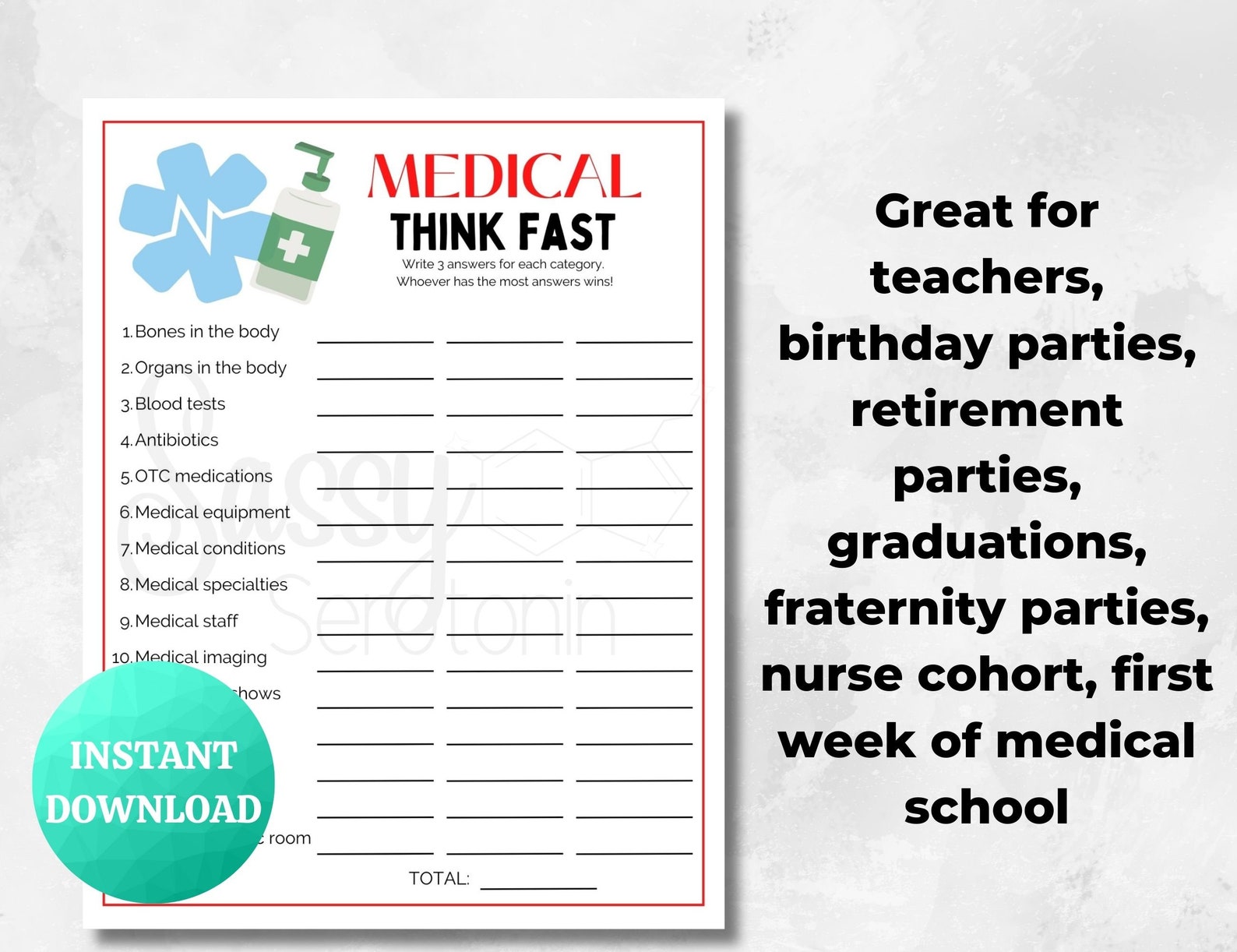 Medical Think Fast | PRINTABLE Medical Game | Doctor Nurse Fun Game ...