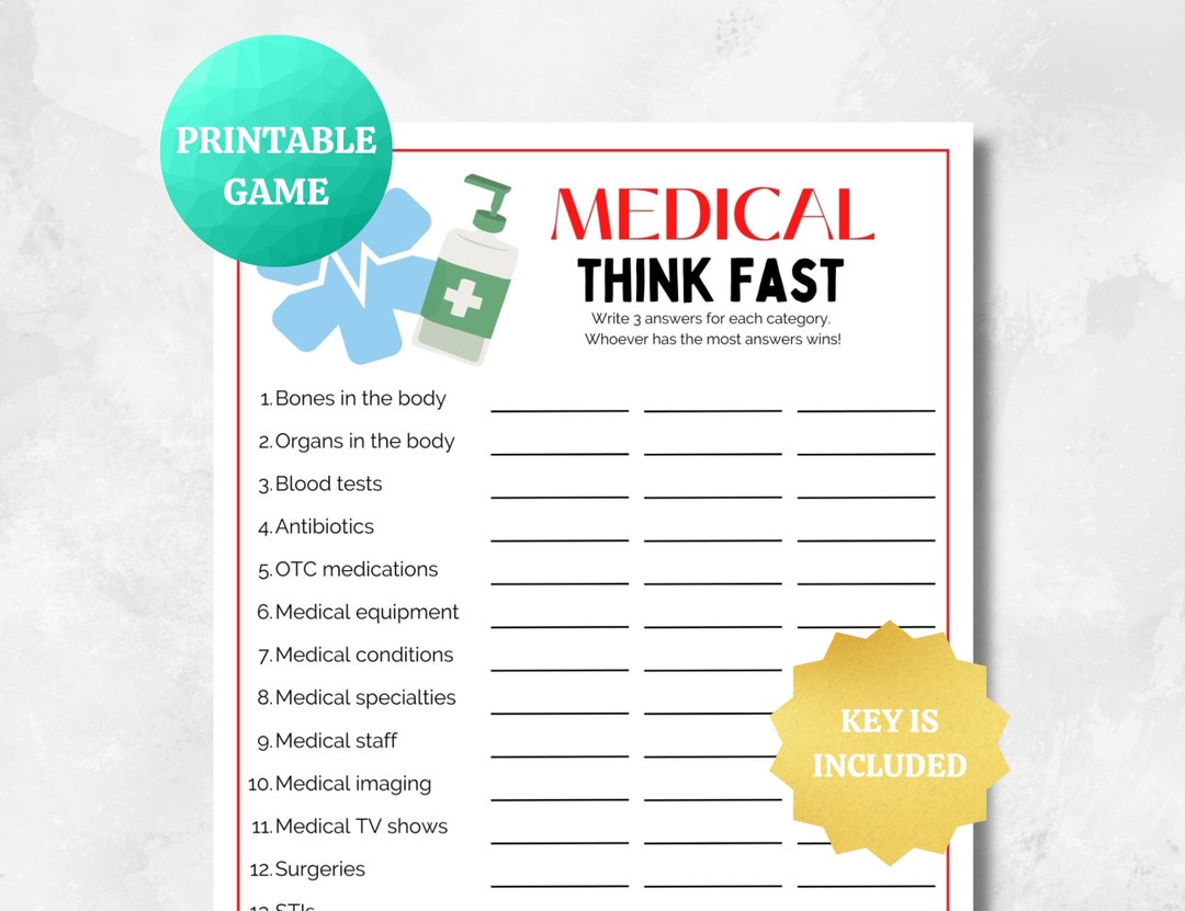 Medical Think Fast | PRINTABLE Medical Game | Doctor Nurse Fun Game ...