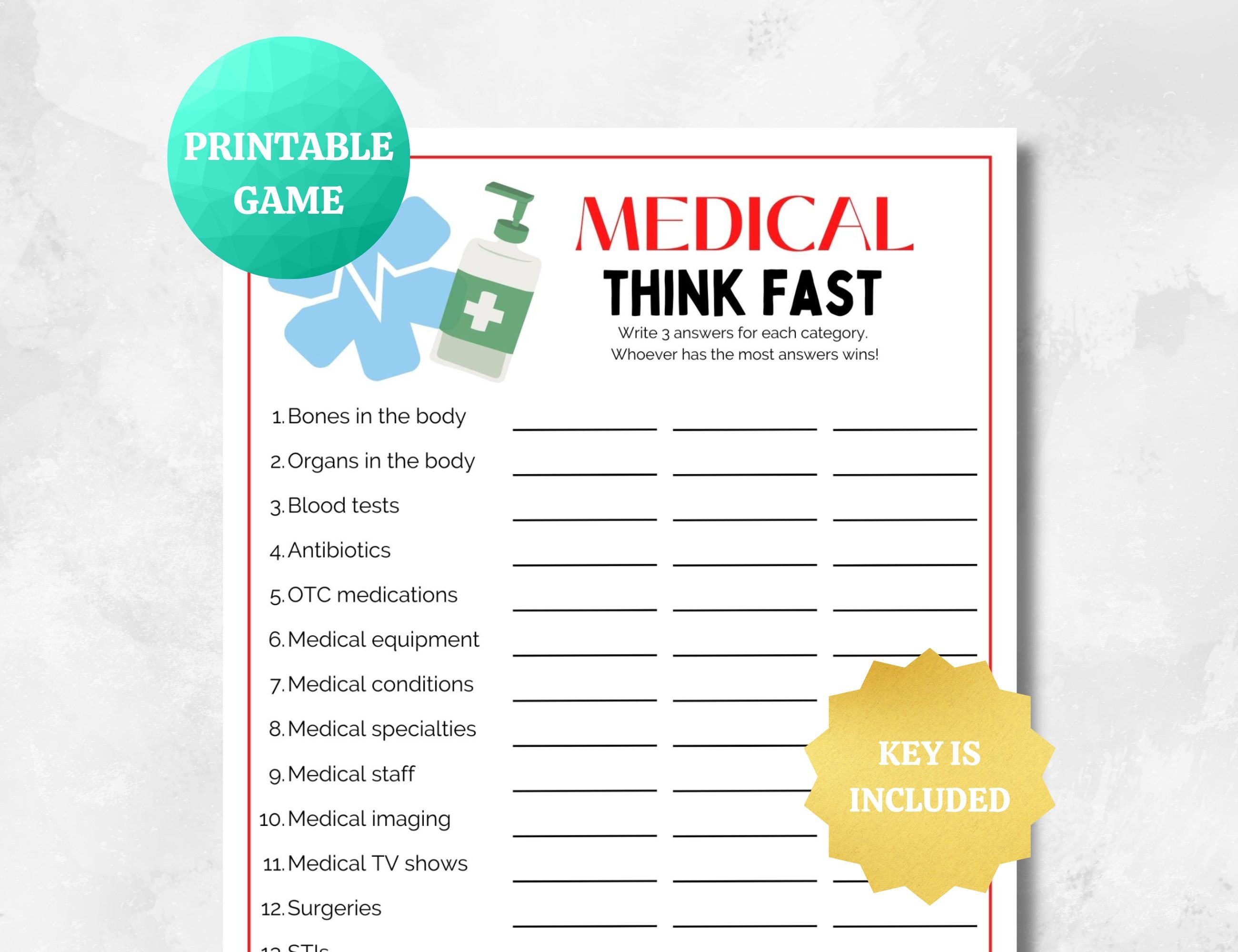 Medical Think Fast | PRINTABLE Medical Game | Doctor Nurse Fun Game ...