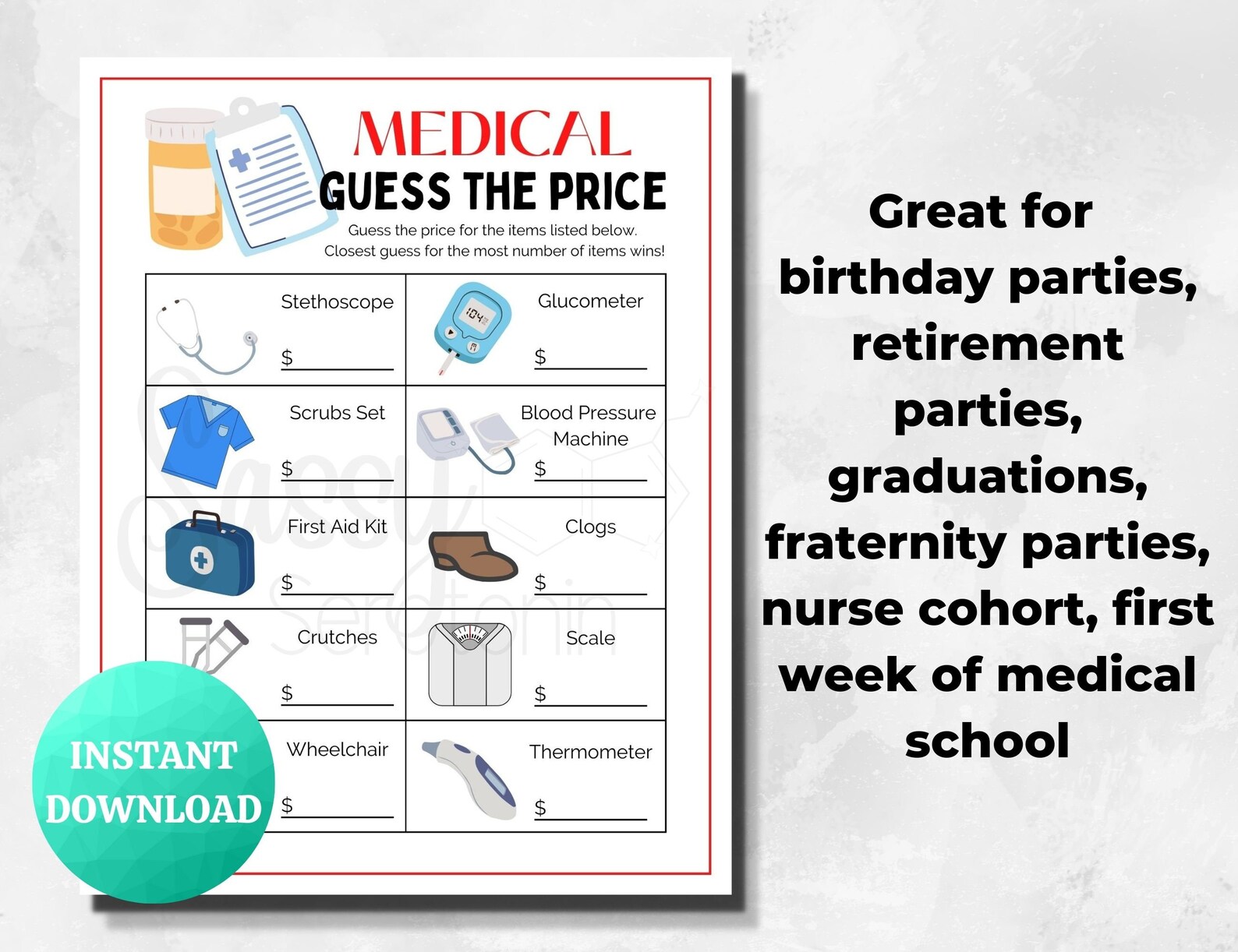 Medical Guess the Price | PRINTABLE Medical Game | Doctor Nurse Fun ...