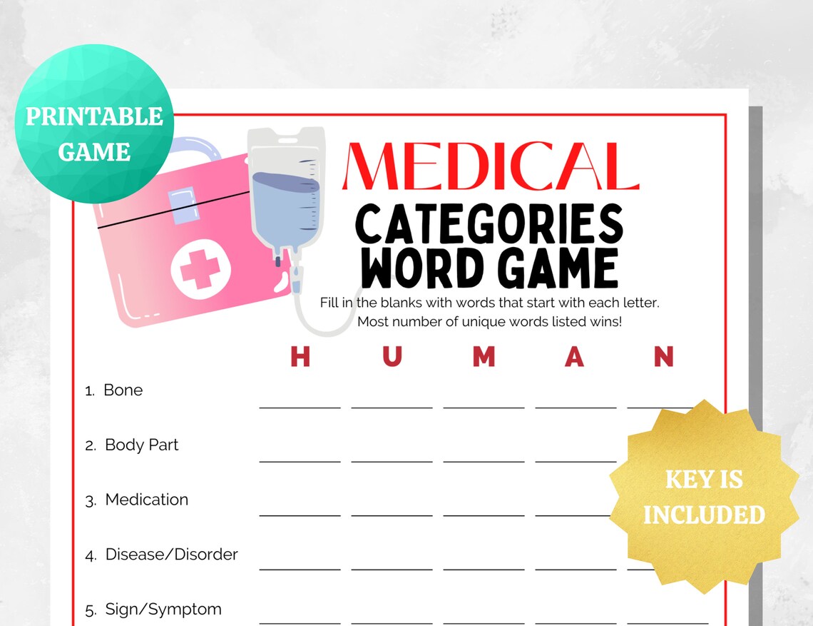 Medical Categories Word Game PRINTABLE Medical Game Doctor Nurse Fun ...