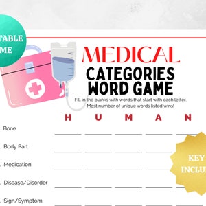 Medical Categories Word Game PRINTABLE Medical Game Doctor Nurse Fun ...