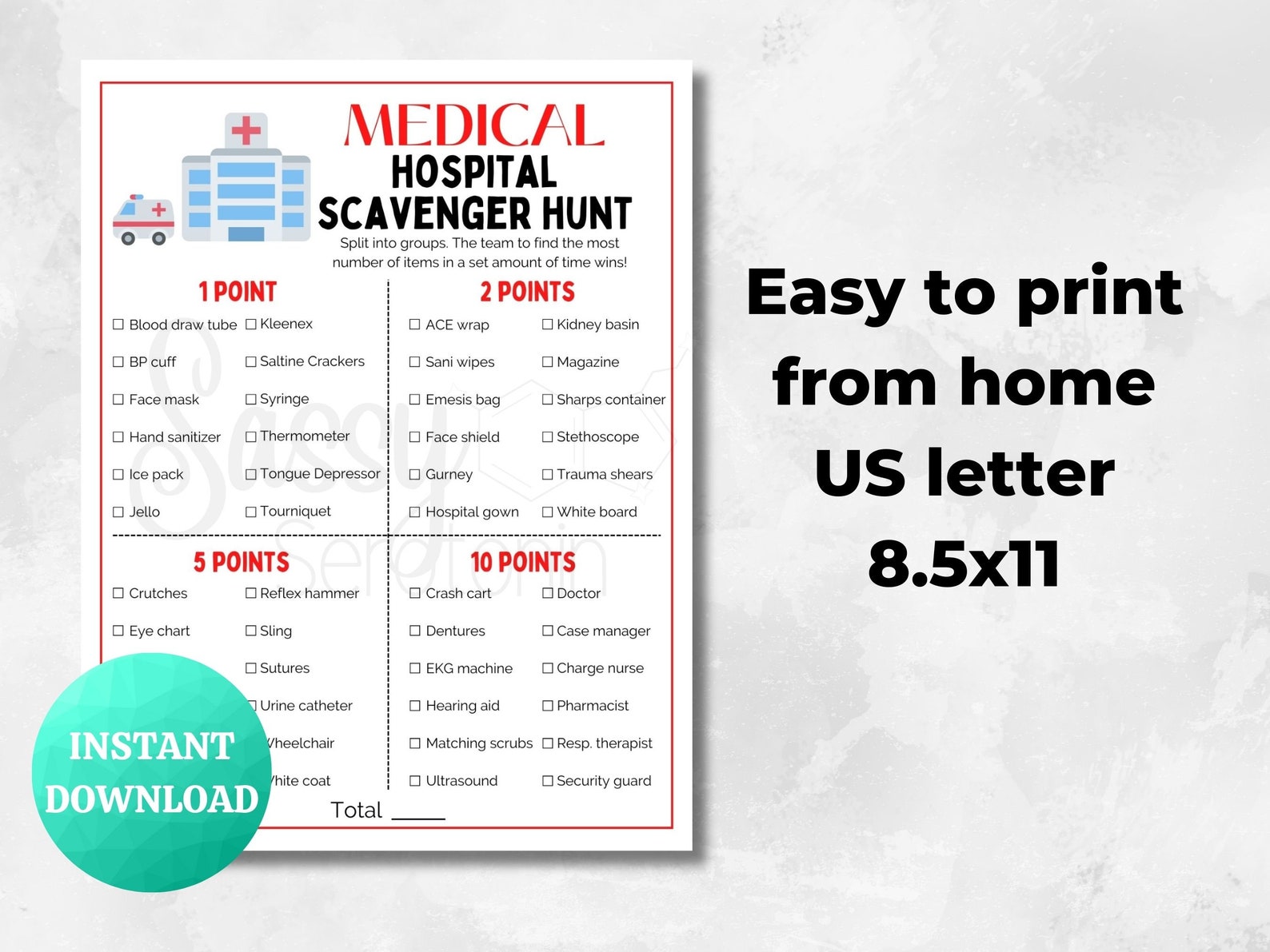 Medical HOSPITAL Scavenger Hunt | PRINTABLE Medical Game | Doctor Nurse ...
