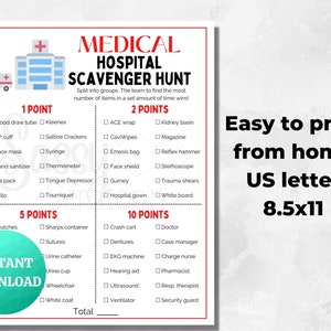 Medical HOSPITAL Scavenger Hunt PRINTABLE Medical Game - Etsy