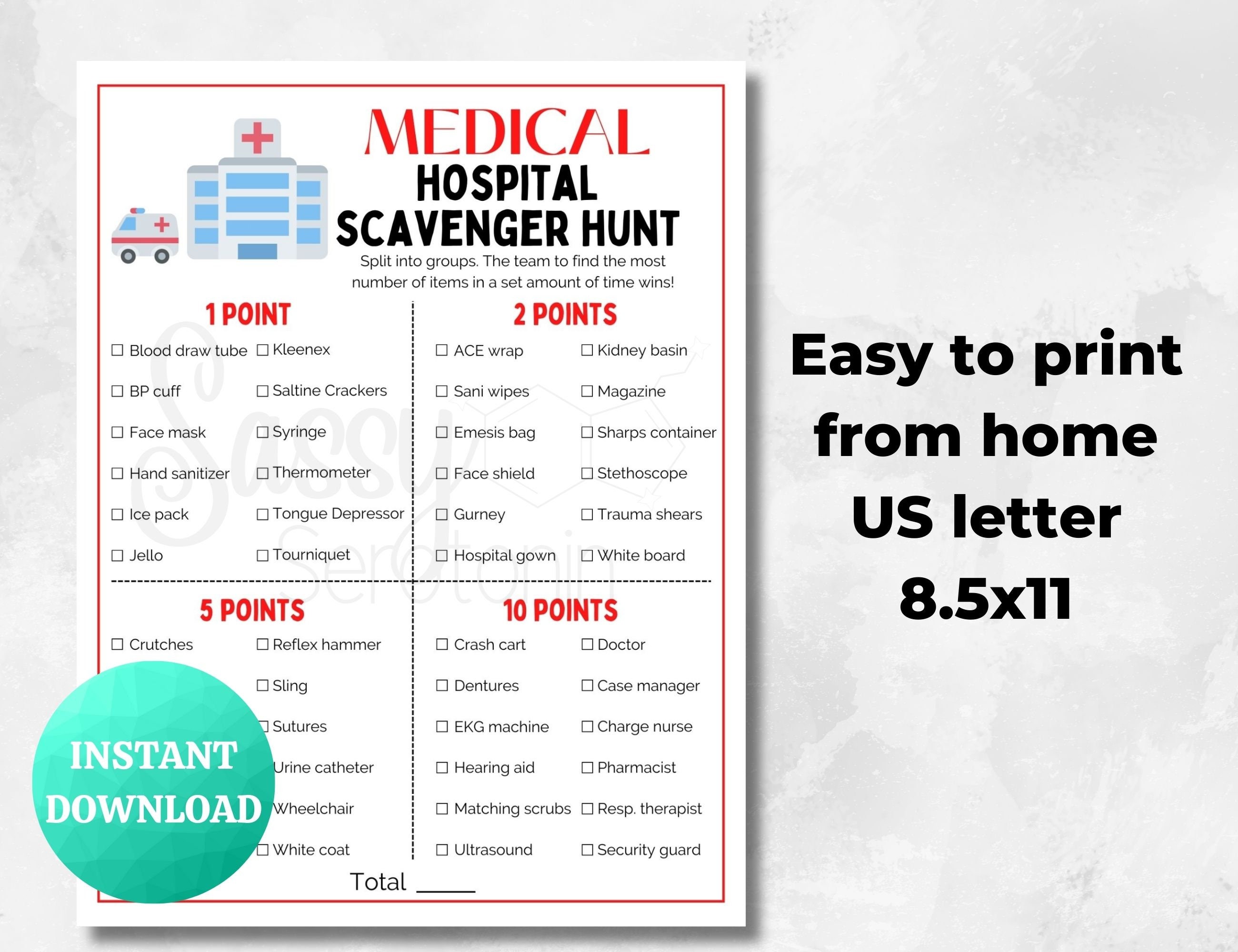 Medical HOSPITAL Scavenger Hunt PRINTABLE Medical Game Doctor Nurse Fun ...