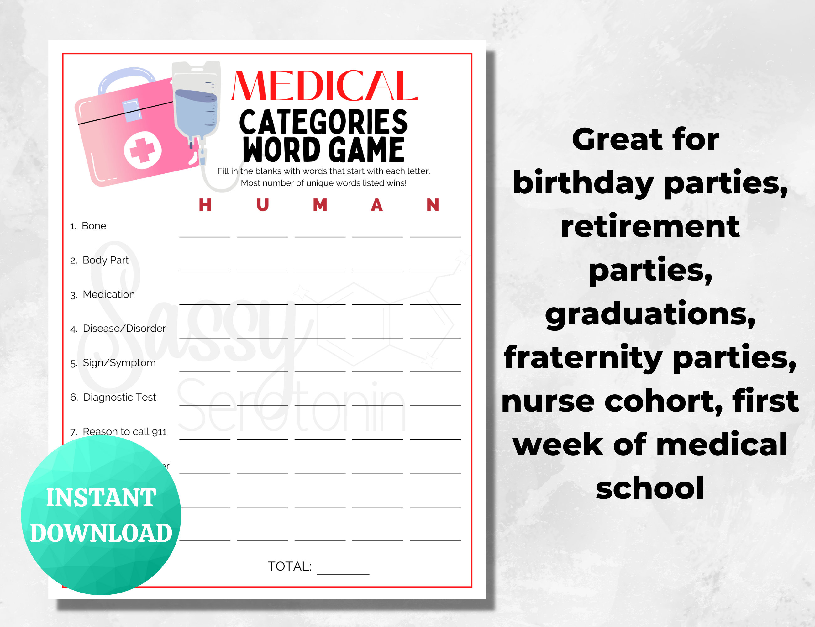 Medical Categories Word Game PRINTABLE Medical Game Doctor Nurse Fun ...