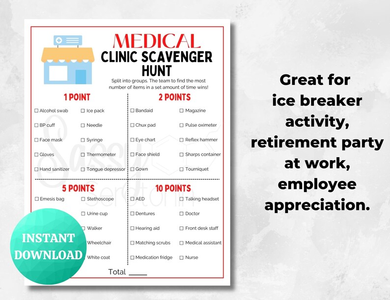 Medical CLINIC Scavenger Hunt PRINTABLE Medical Game Doctor Nurse Fun ...
