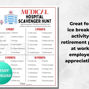 Medical HOSPITAL Scavenger Hunt PRINTABLE Medical Game - Etsy