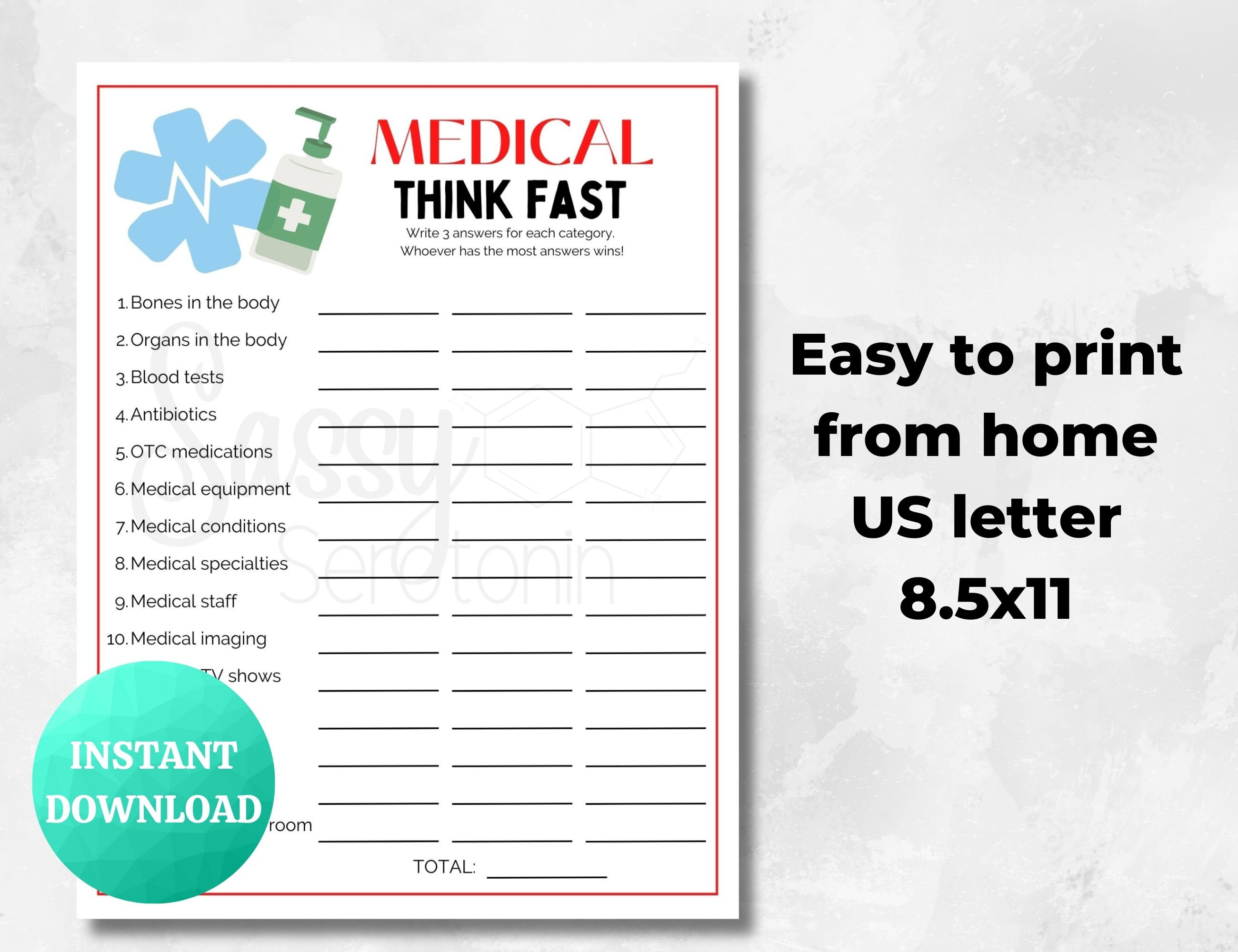 Medical Think Fast | PRINTABLE Medical Game | Doctor Nurse Fun Game ...
